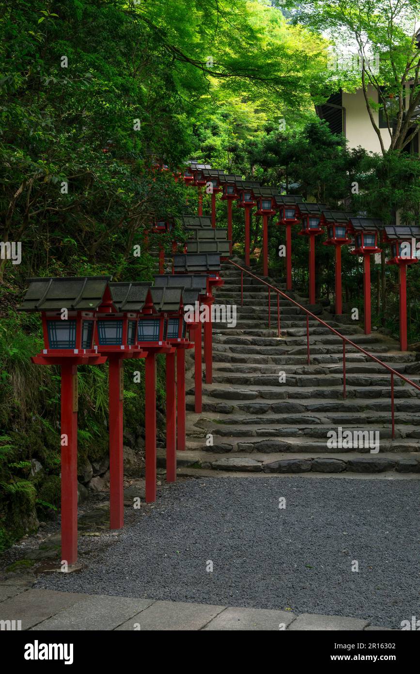 Kibune Shrine path with red painted lanterns Stock Photo - Alamy