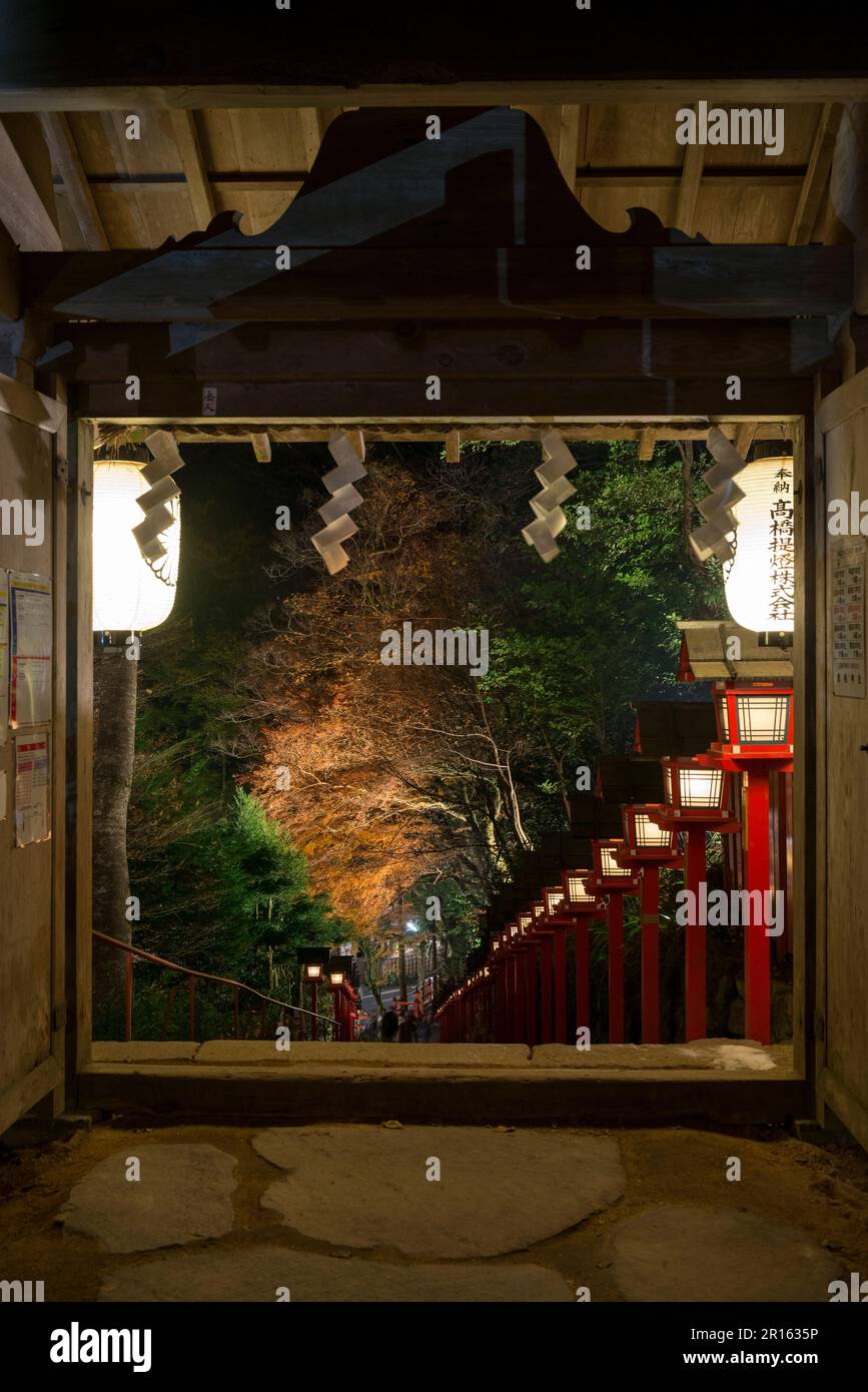 Fall colors and Illuminated shrine path of Kifune shrine Stock Photo ...