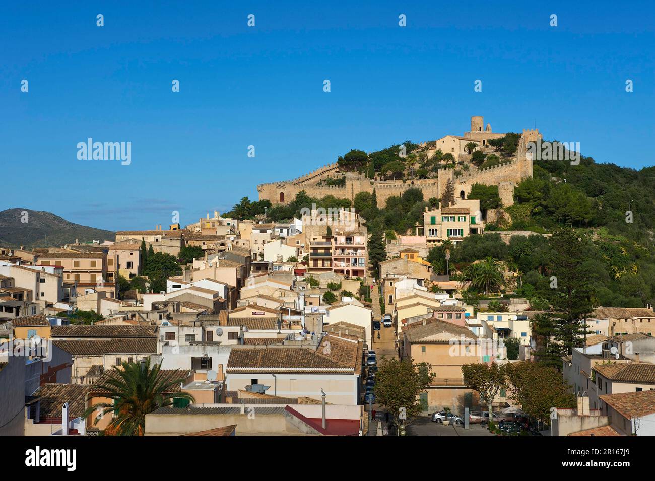 View over the old town to the castle of Capdepera, Majorca, Balearic ...