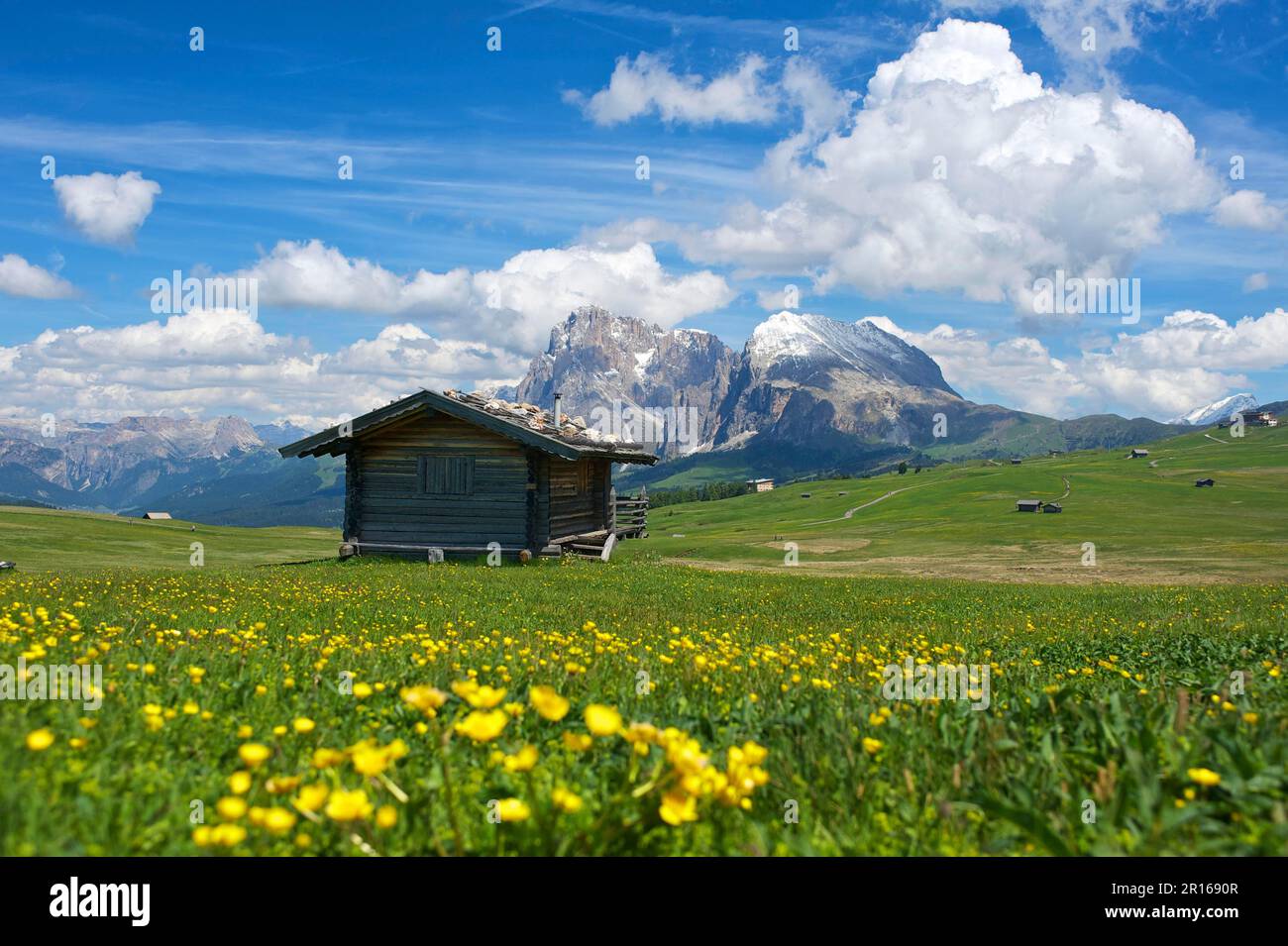 Alpine huts on the Alpe di Siusi with the Sella Group, Sassolungo and ...