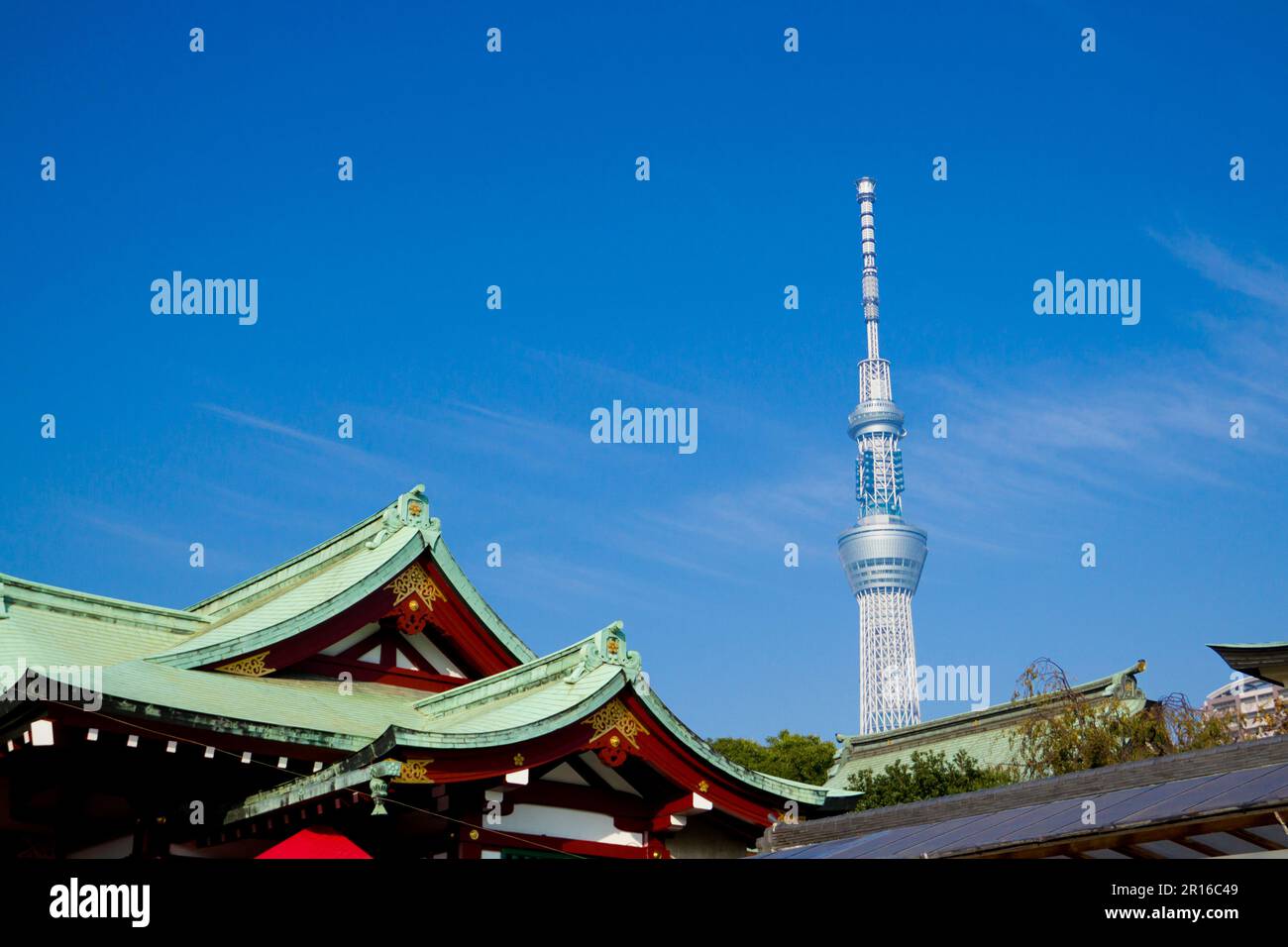 The Kameido Tenjin shrine and the sky tree tower Stock Photo - Alamy