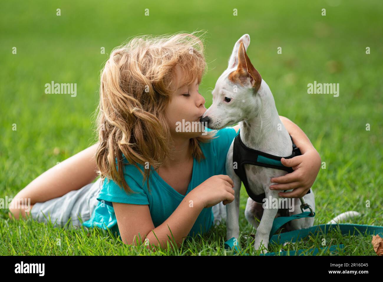 Smiling owner child lying lawn with pet doggy. Happy kid playing with ...