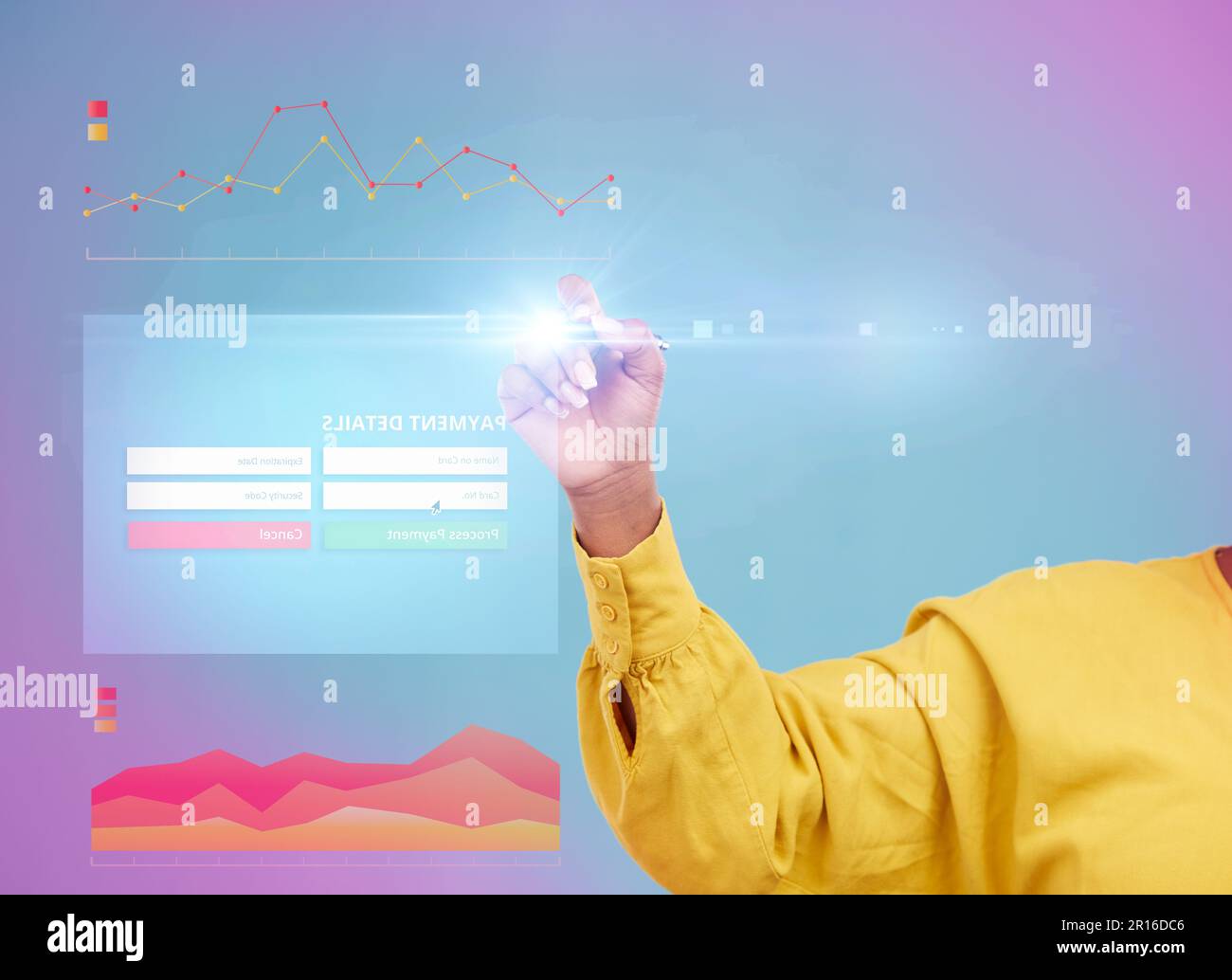 Payment, hologram design and woman hand isolated on studio background ...