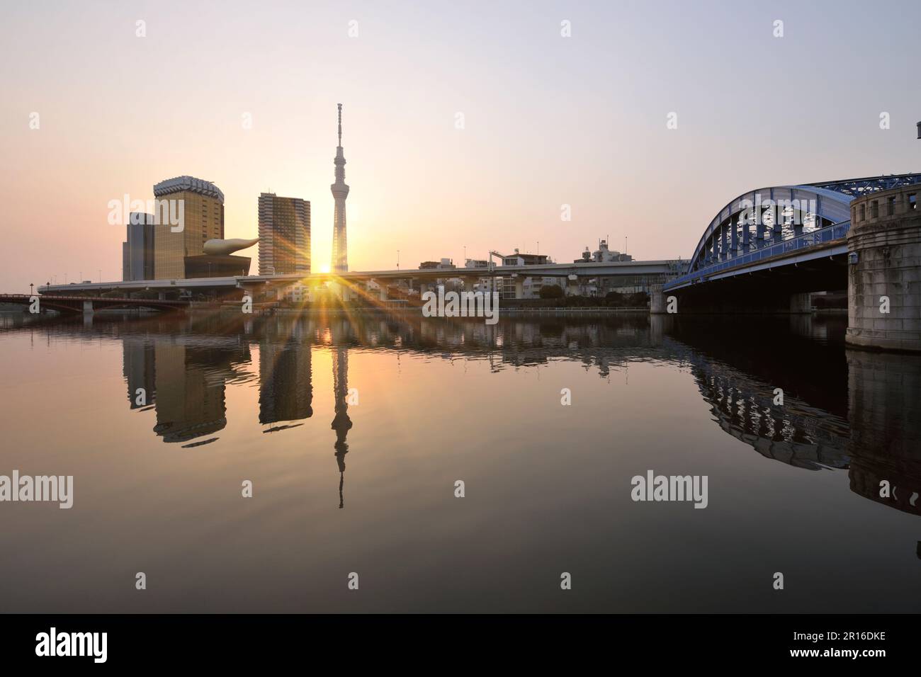 The sunrise at Tokyo Skytree seen from Sumidagawa Terrace Stock Photo ...