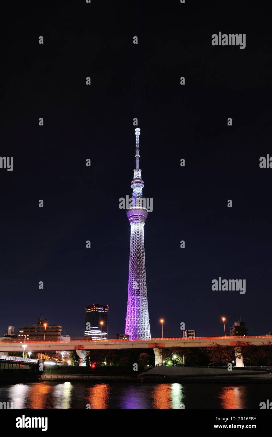 Tokyo sky tree seen from the Sumida River Park (night scene Stock Photo ...