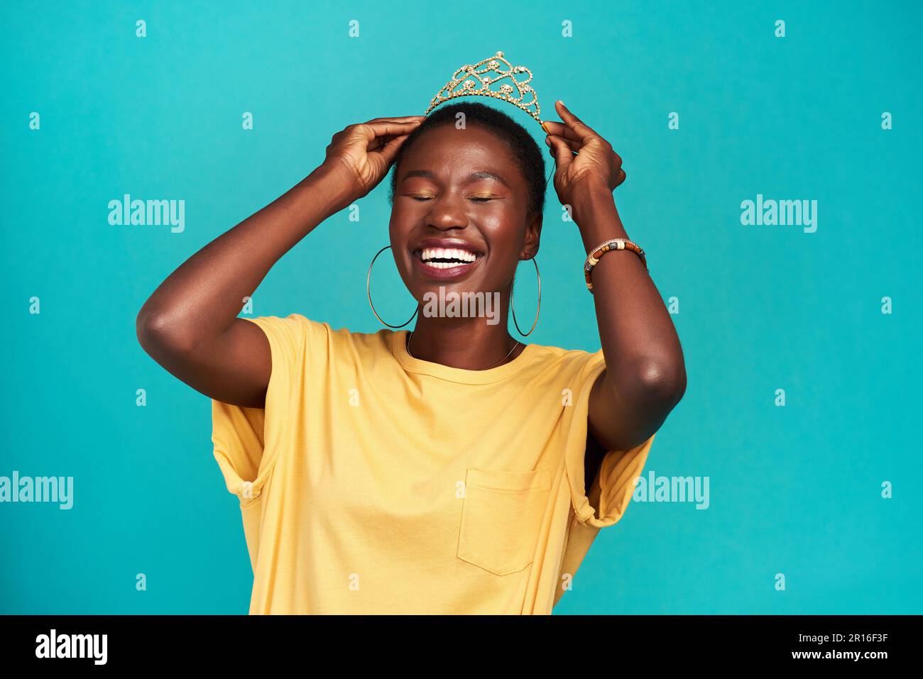 Crown, happy and excited princess or black woman with happiness ...