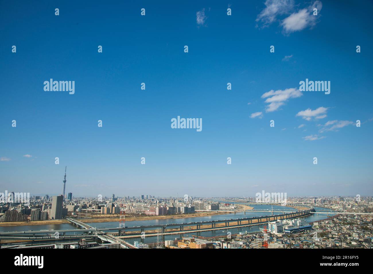 Tokyo landscape with flowing Arakawa river from Tower Hall Funabori ...