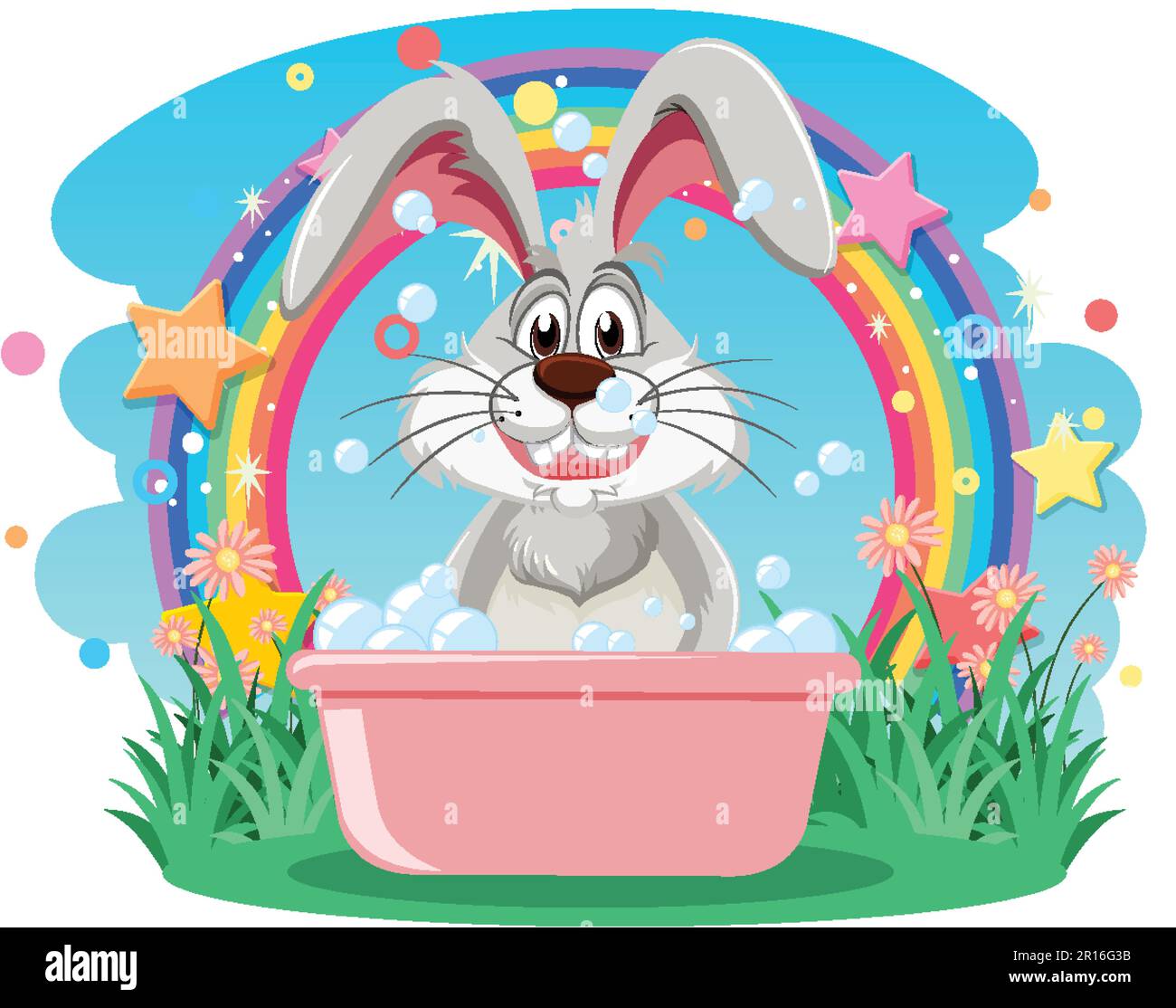 Cute rabbit taking a bath in the garden illustration Stock Vector Image ...