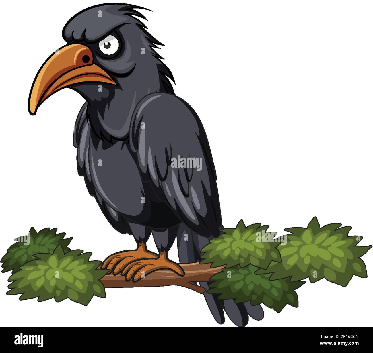 Crow perching on tree branch in cartoon style illustration Stock Vector ...