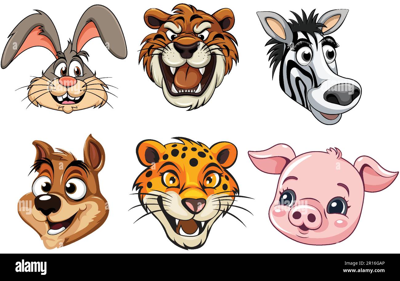 Animal Heads Cartoon Characters Collection illustration Stock Vector ...