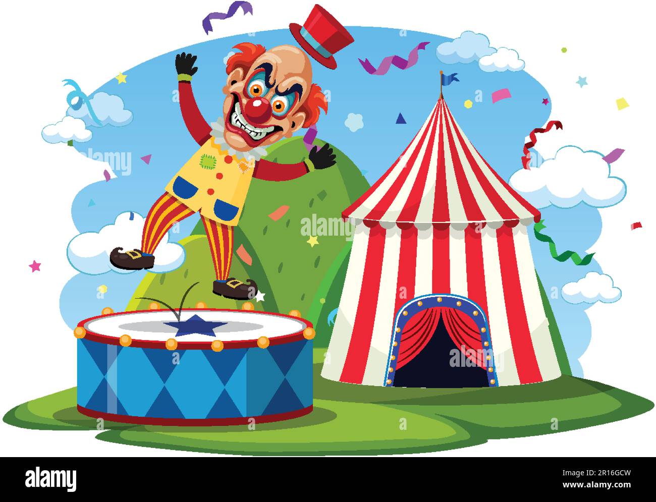 Creepy clown with circus tent background illustration Stock Vector ...