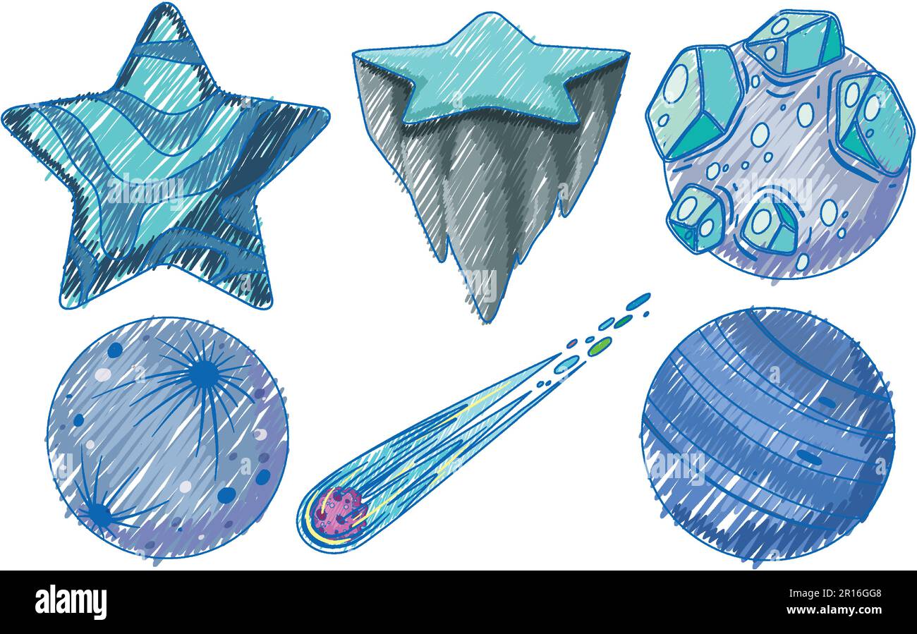 Space Elements in Pencil Colour Sketch Simple Style illustration Stock ...