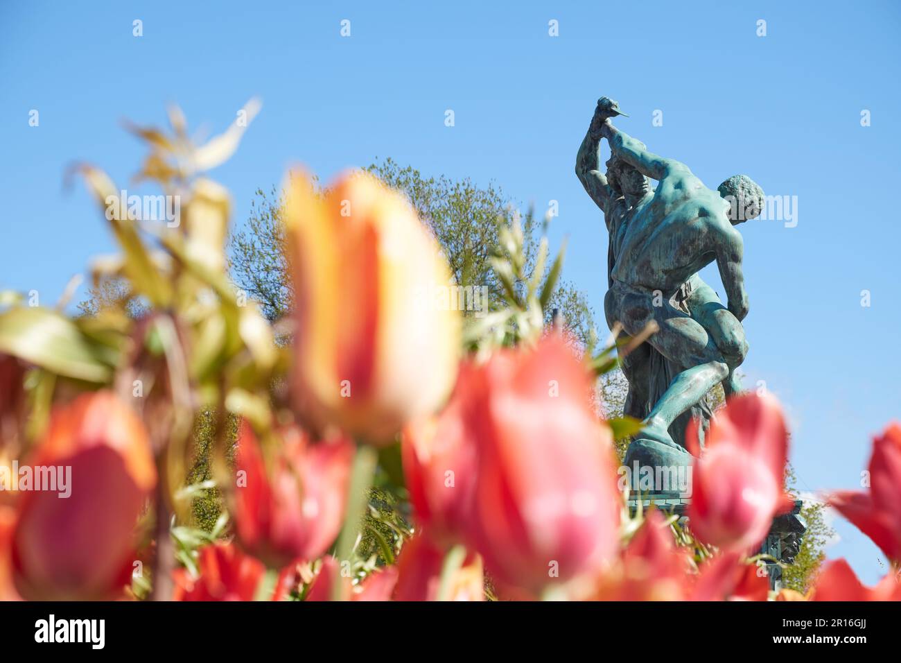 The bronze sculpture "Bältespännarna" by the street Avenyn in the city ...