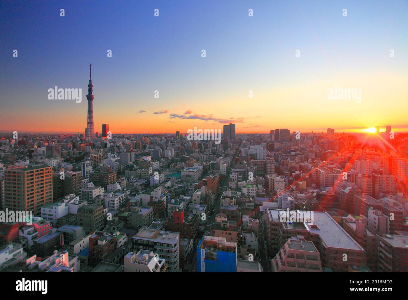Morning sun and cityscape of Tokyo Sky Tree and downtown Ryougoku Stock ...