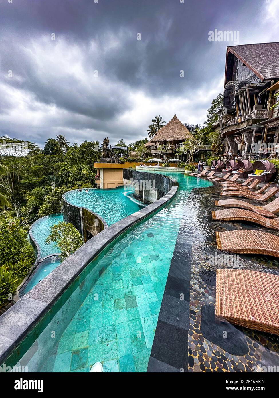 Jungle pool and bar overlooking rice terraces in Ubud, Bali, Indonesia ...