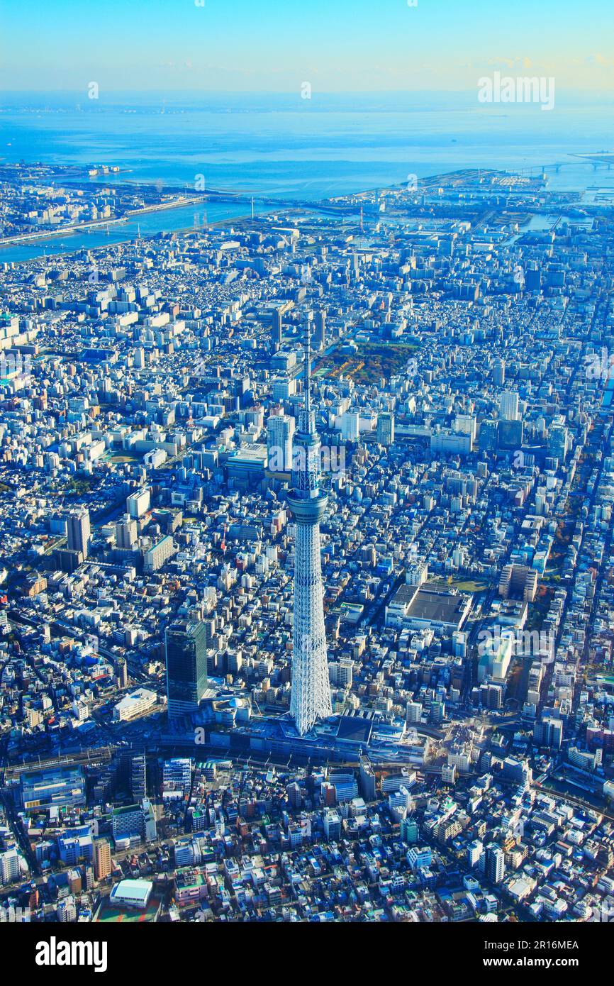Tokyo Sky Tree and Arakawa and Tokyo Bay Stock Photo - Alamy