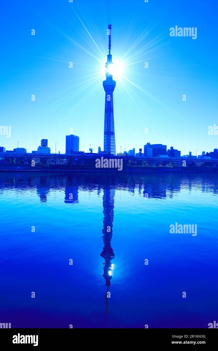 Glow of the sun and Tokyo Sky Tree reflection in Sumida Stock Photo - Alamy