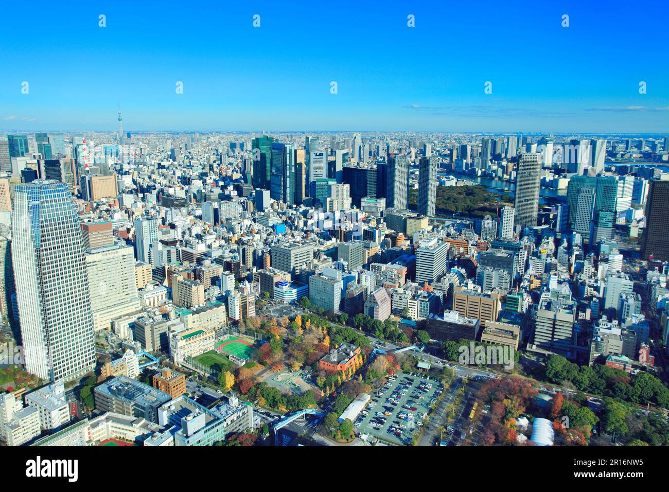 Shiodome buildings and Tokyo Sky Tree area as seen from Tokyo Tower ...