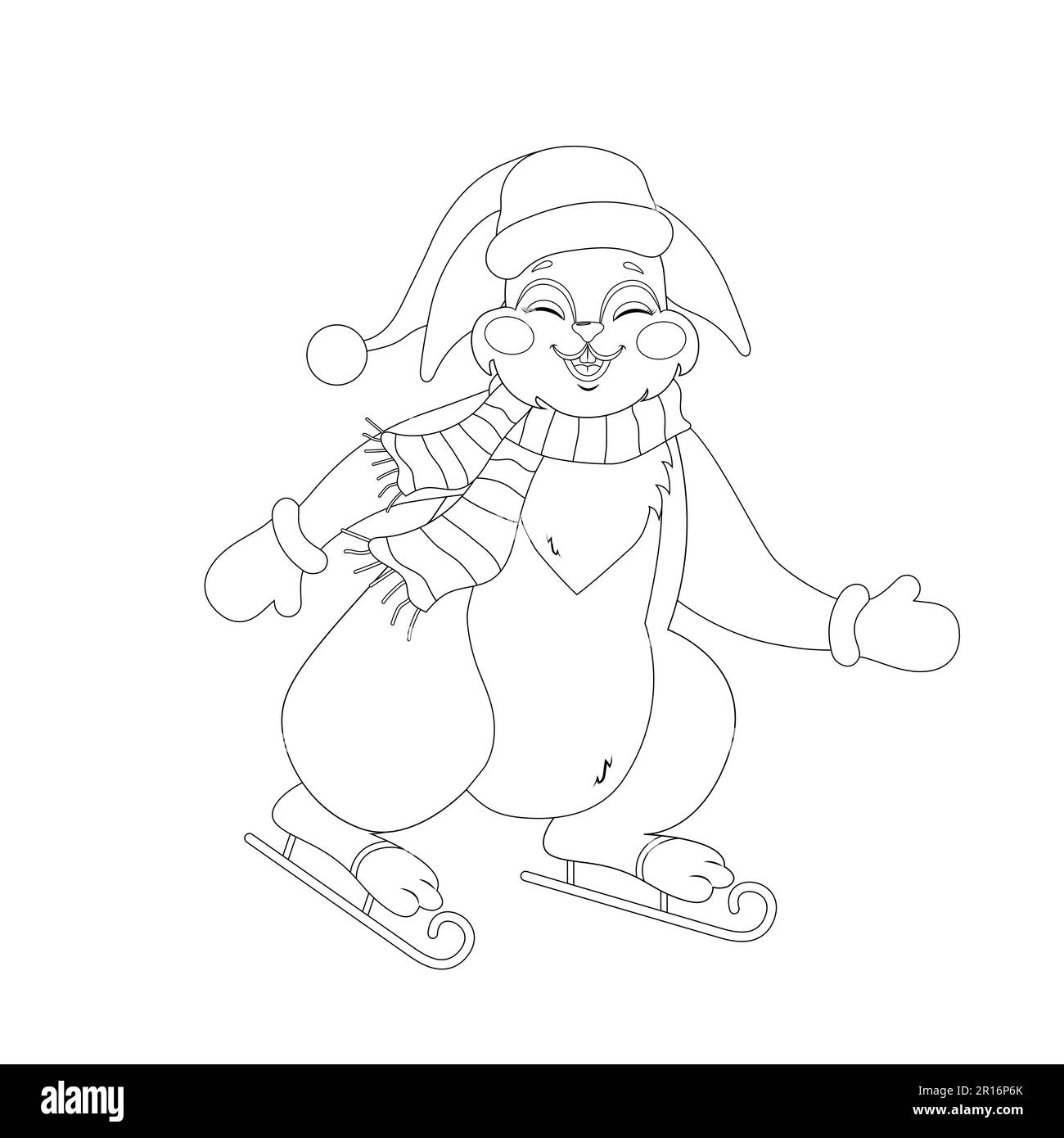 Cute bunny for coloring book. Christmas rabbit in Santa hat on skates ...