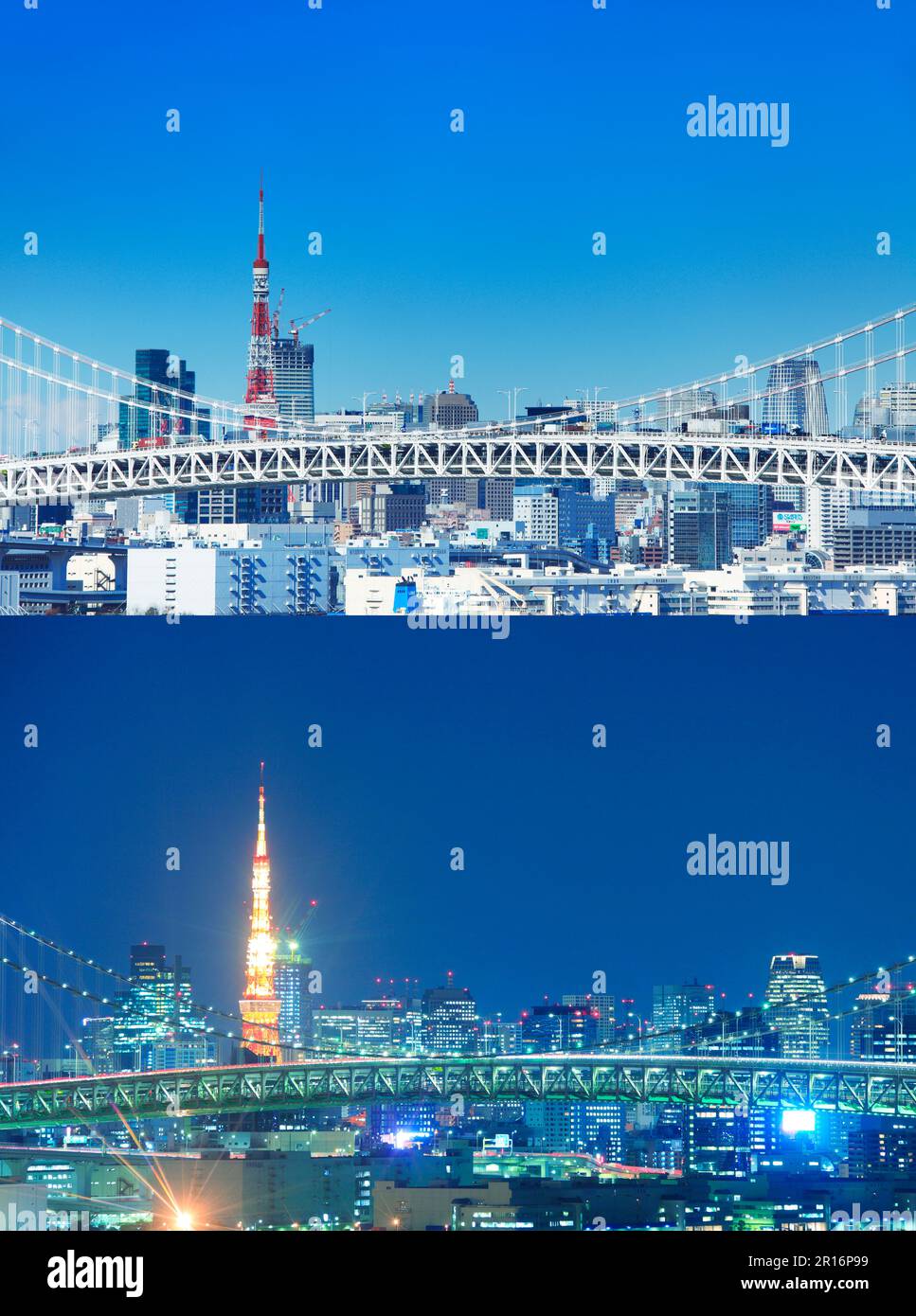 Tokyo Tower and Rainbow Bridge at day and night Stock Photo - Alamy