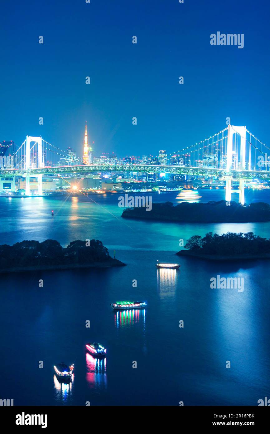 Houseboat and Tokyo Tower and Rainbow Bridge at night Stock Photo - Alamy