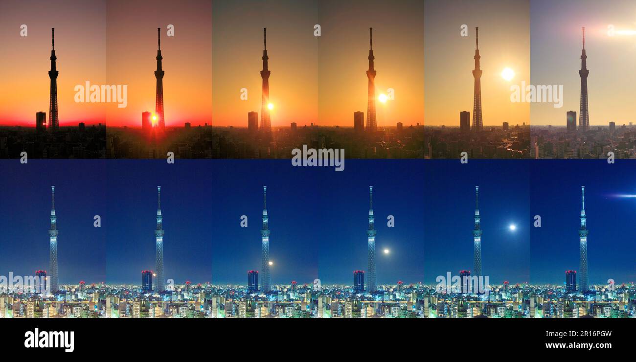 Tokyo Skytree, Rising Sun and moon Stock Photo - Alamy