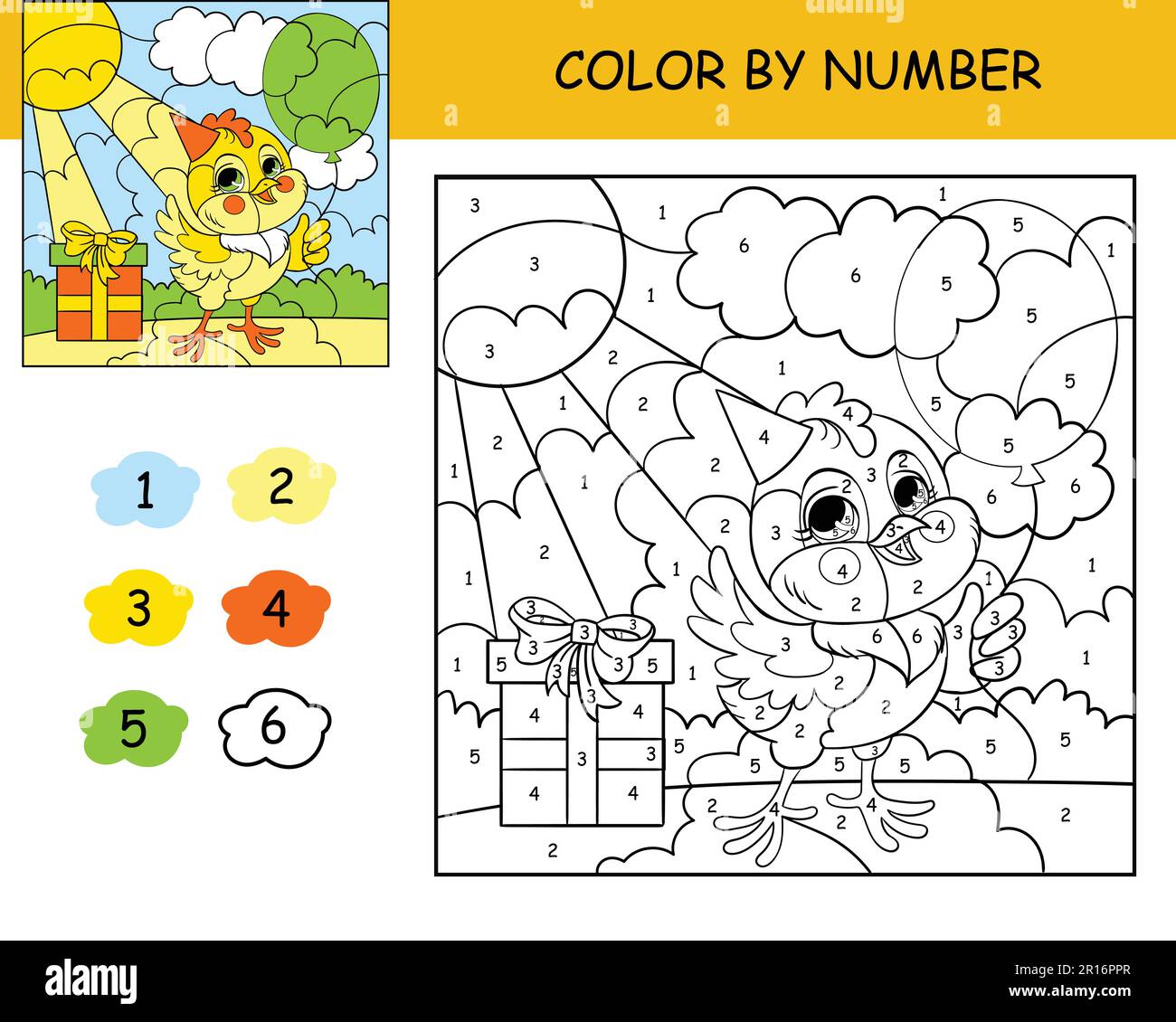 Coloring puzzle with number of color for kids with cute chicken ...
