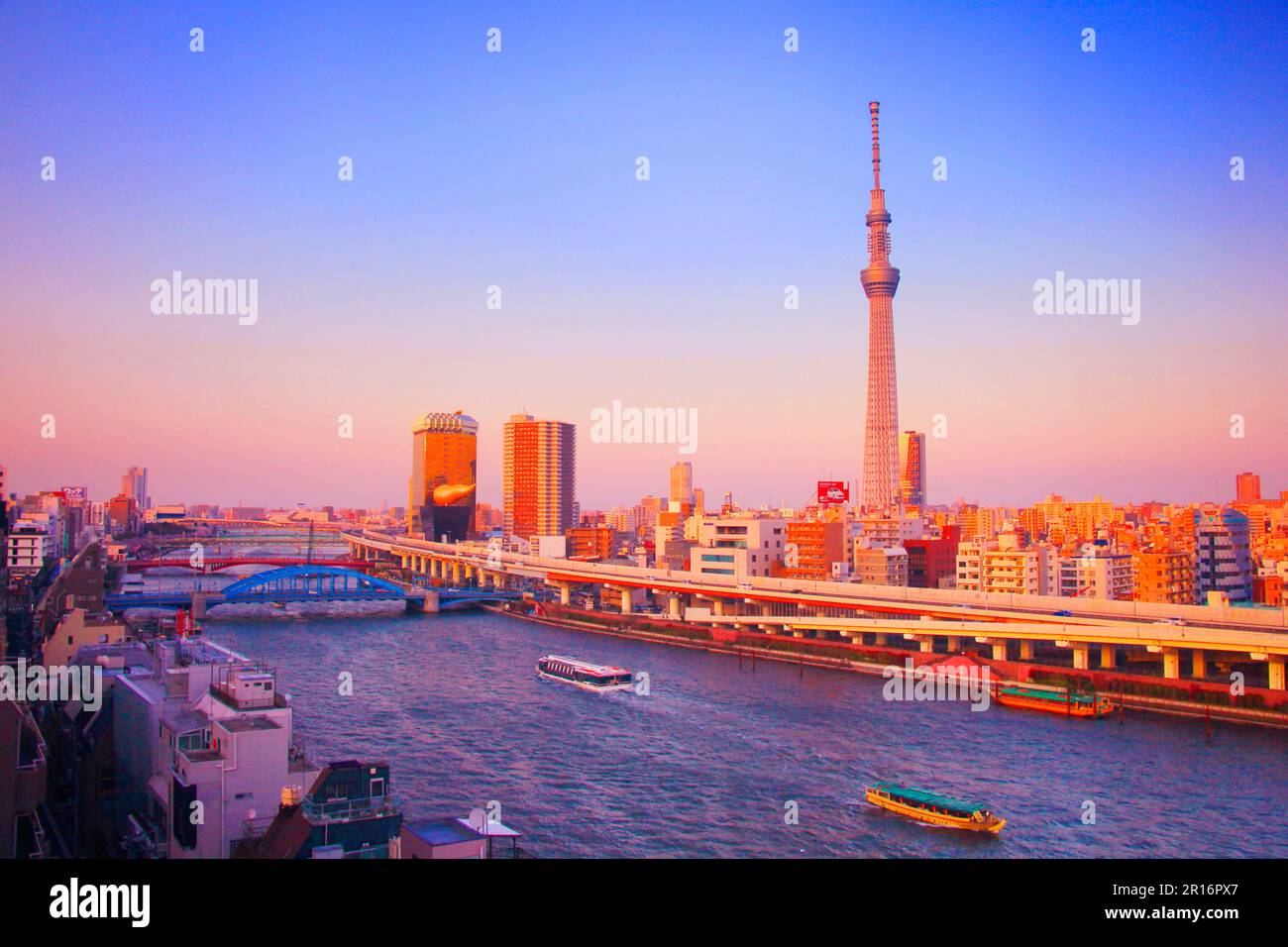Tokyo Skytree, Sumida River, Komagata Bridge and moving ships Stock ...