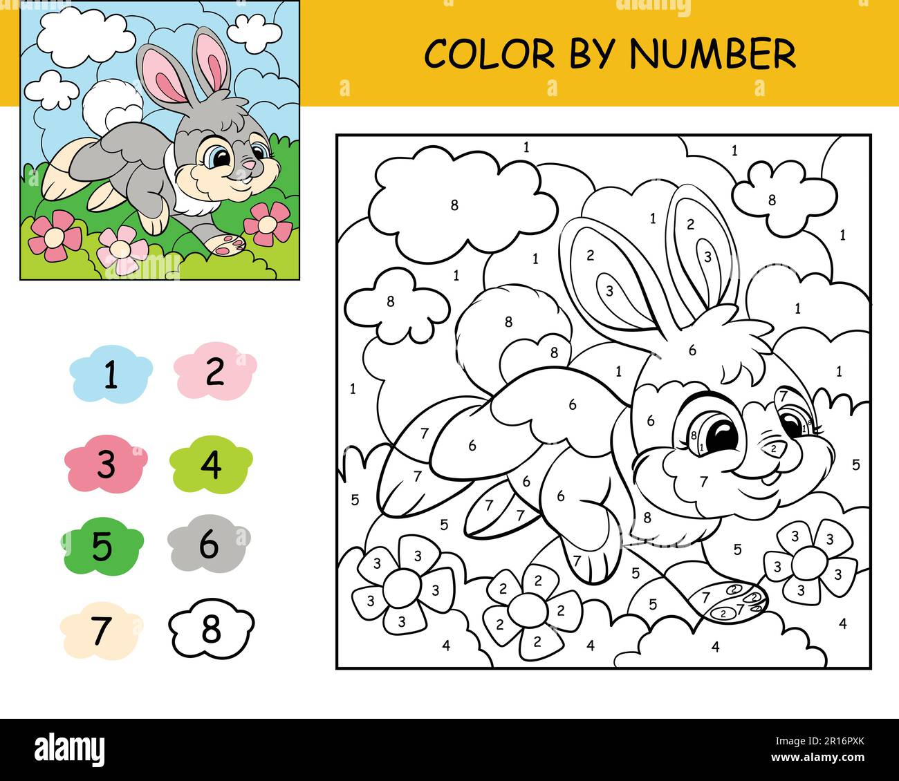 Coloring puzzle with number of color for kids with cute rabbit ...