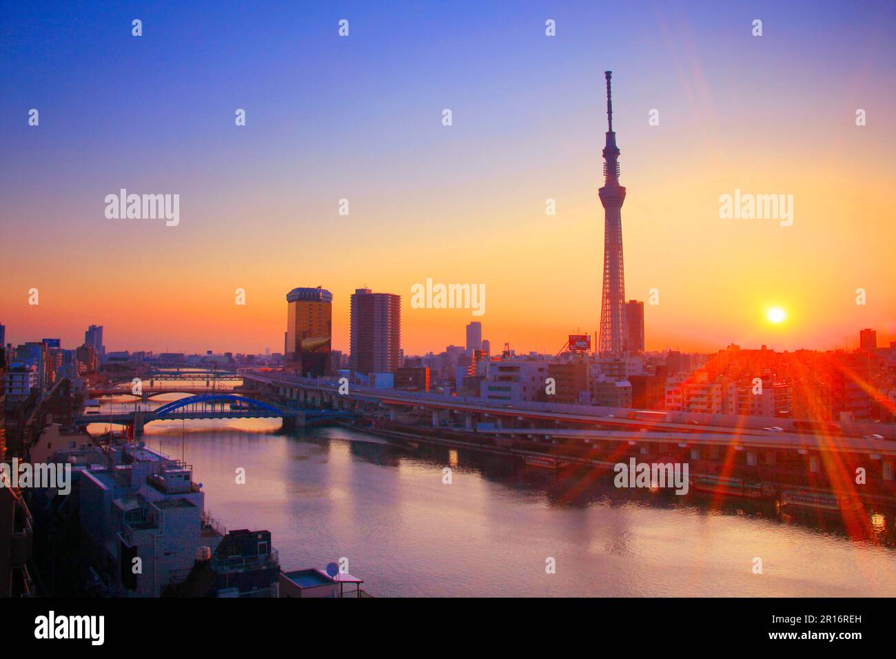 Tokyo Skytree, Sumida River, Komagata Bridge and morning Sunlight Stock ...