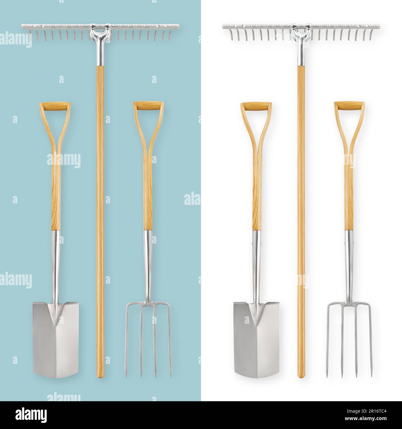 Gardening tools set. Stainless steel spade, digging fork and rake with ...