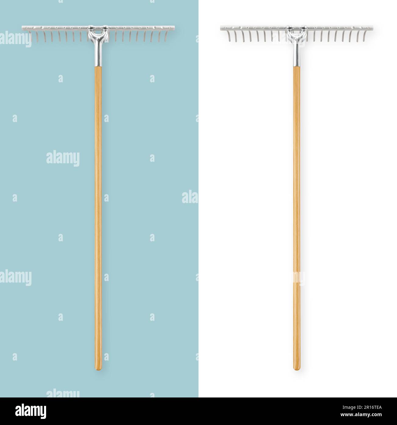 Steel metal garden rake with wooden grip, top view isolated on white ...