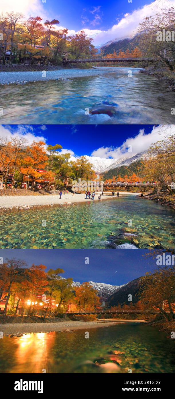 Fresh snow, Hodaka mountain range in autumn, clear stream of Azusa ...