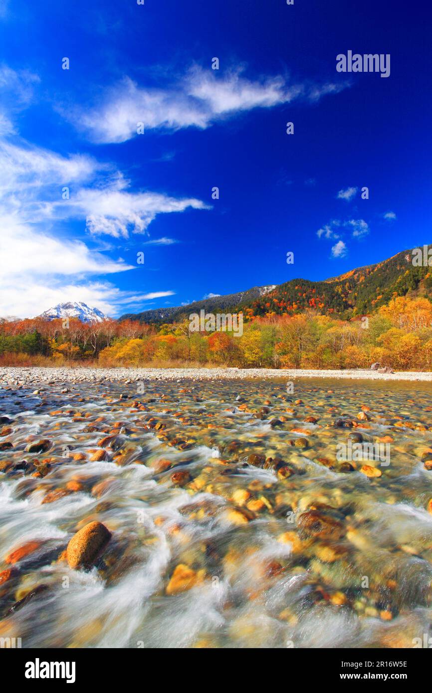 Fresh snow, Yakeyama in fall, and clear stream of Azusa river Stock ...