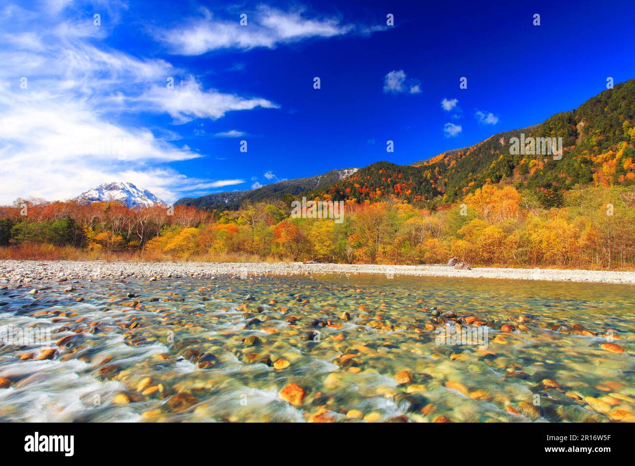 Fresh snow, Yakeyama in fall, and clear stream of Azusa river Stock ...