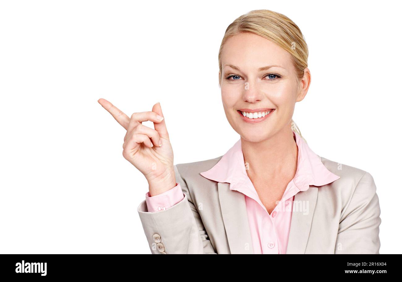 Portrait, pointing and woman with a decision, business and consultant ...