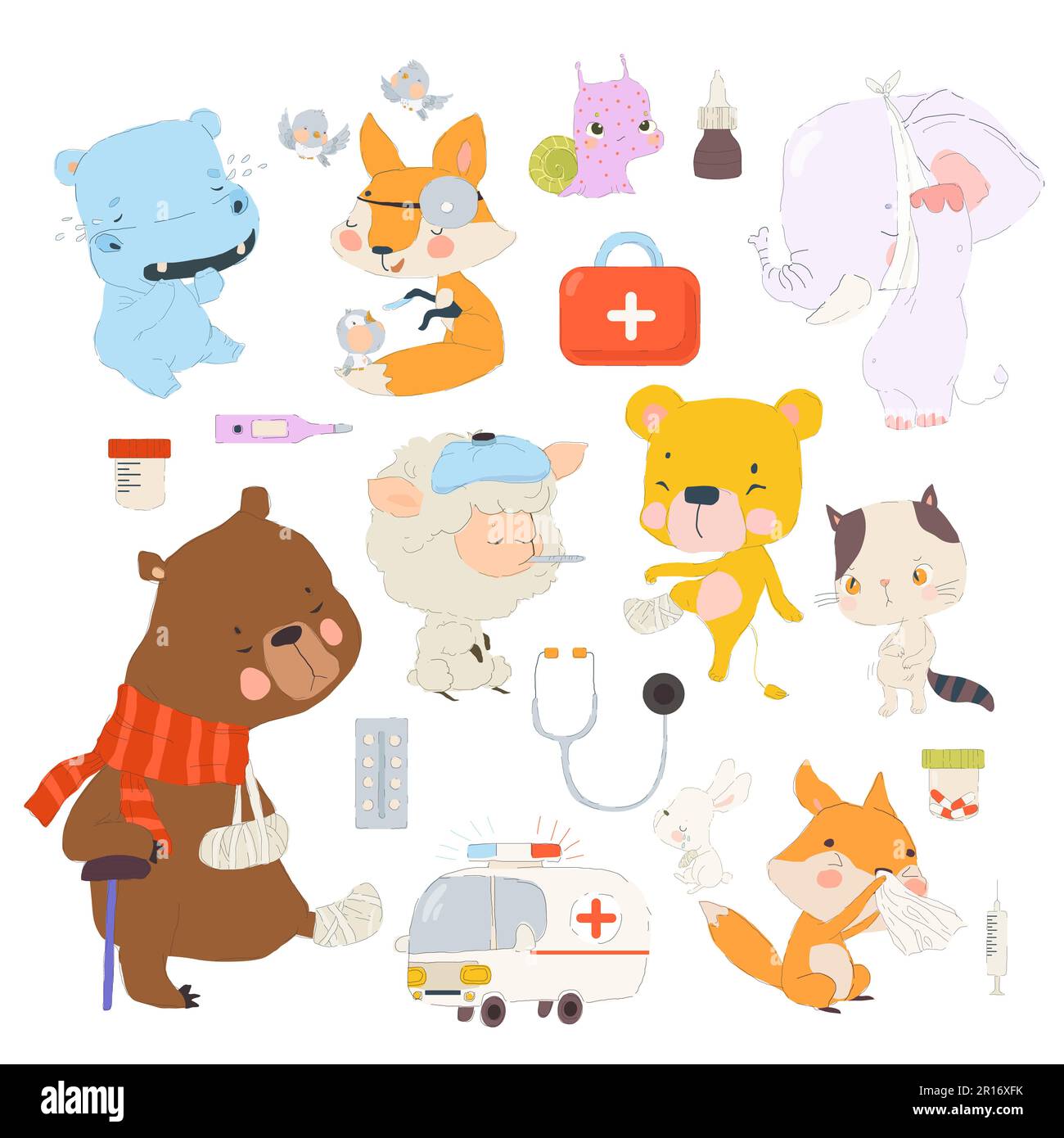Cute Patients Animals. Sick Cartoon Characters on White Background ...