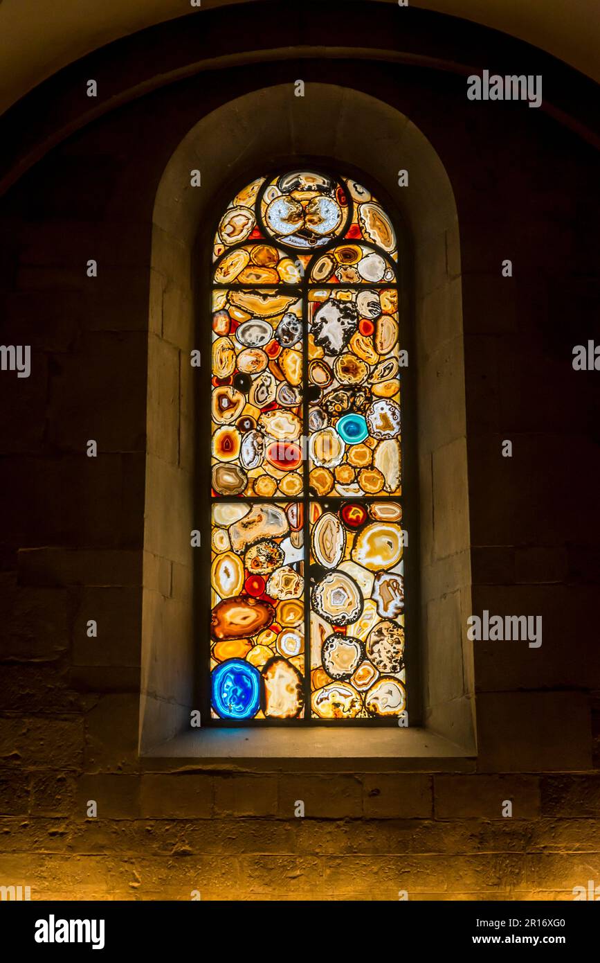 Stained-glass window, Grossmünster, a Romanesque-style Protestant ...