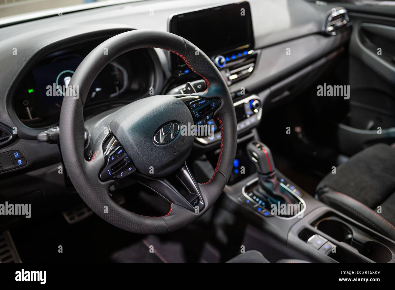 Riga, Latvia, April 28, 2023: Hyundai i30 Fastback interior, steering ...