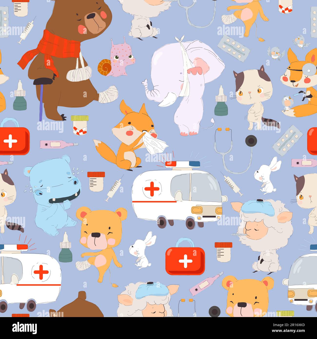 Seamless Pattern with Sick Cartoon Characters on Blue Background Stock ...