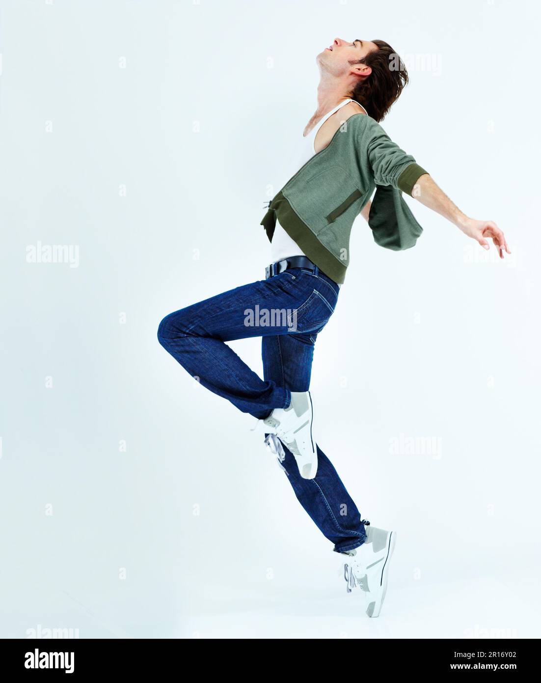 Man, jump and dance in the air for happiness with action, movement and ...