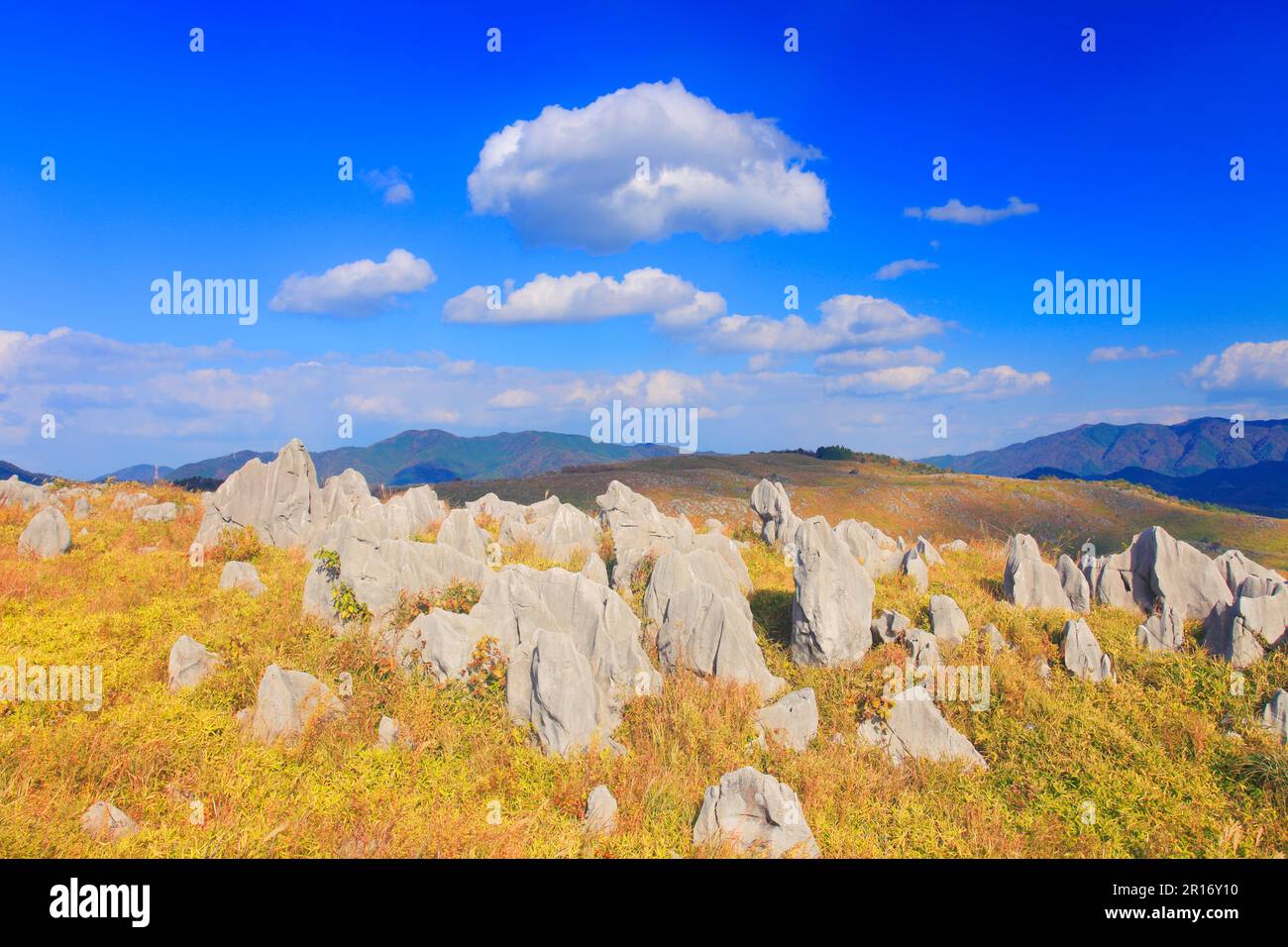 Mountains such as Kujiragadake and limestone of Karst plateau Stock ...