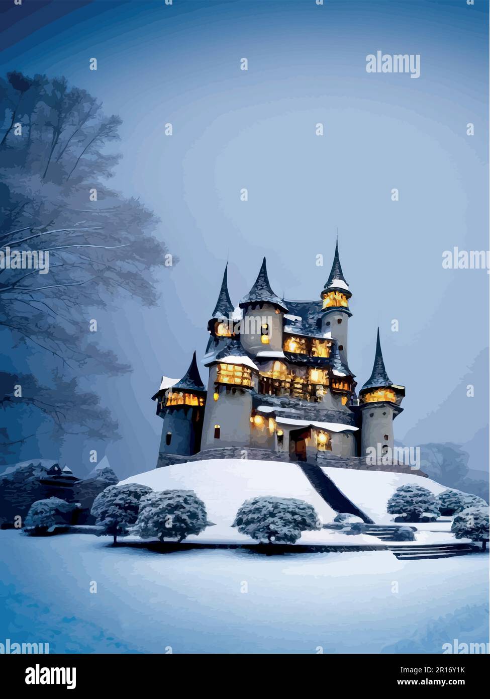 Snow queen castle, fantasy snow land on hill, trees in snow, winter ...