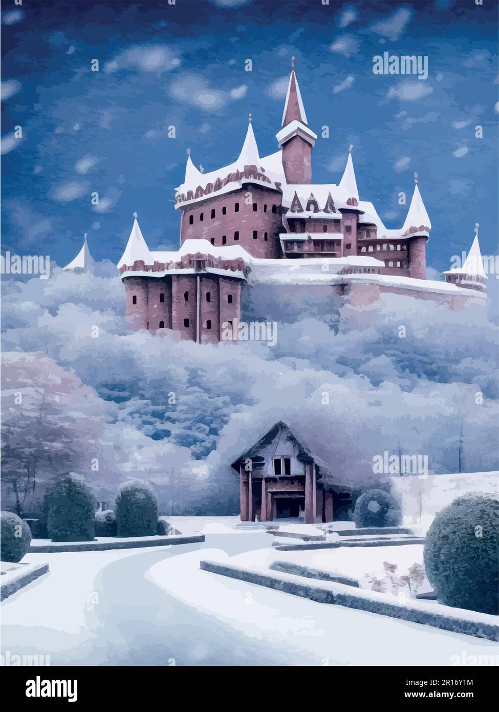 Snow queen castle, fantasy snow land on hill, trees in snow, winter ...