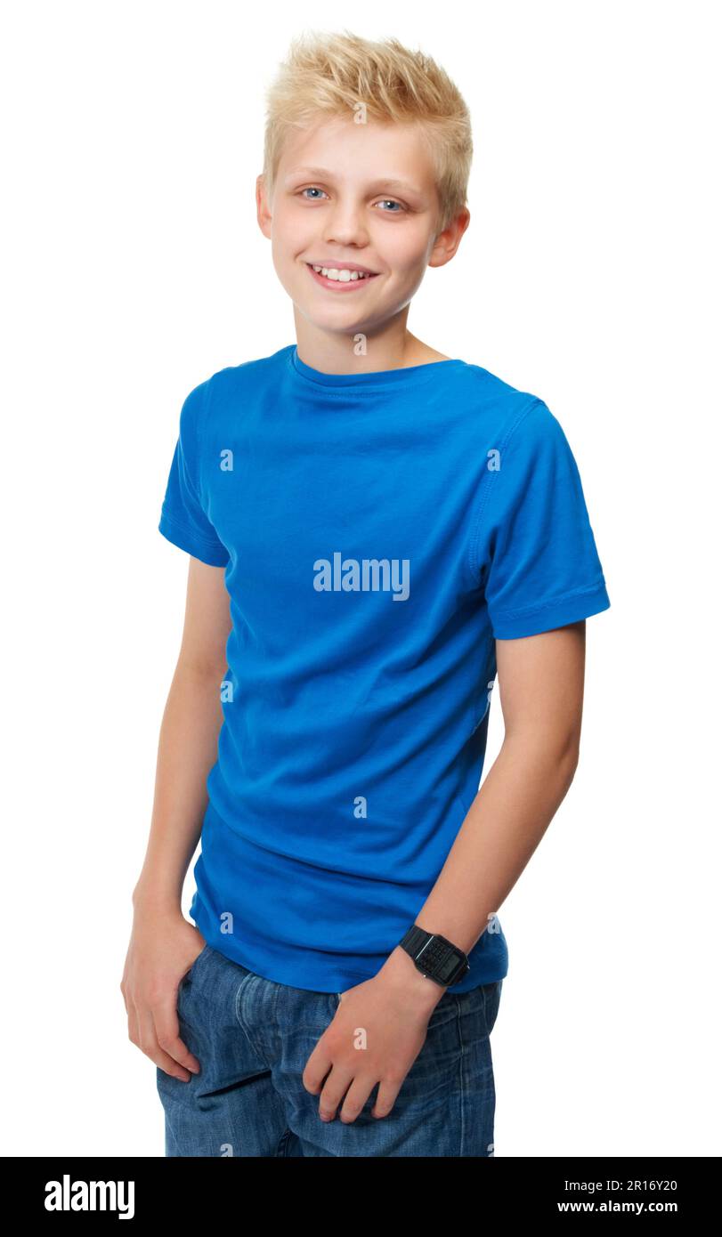 Portrait, children and fashion with a boy in blue in studio isolated on ...