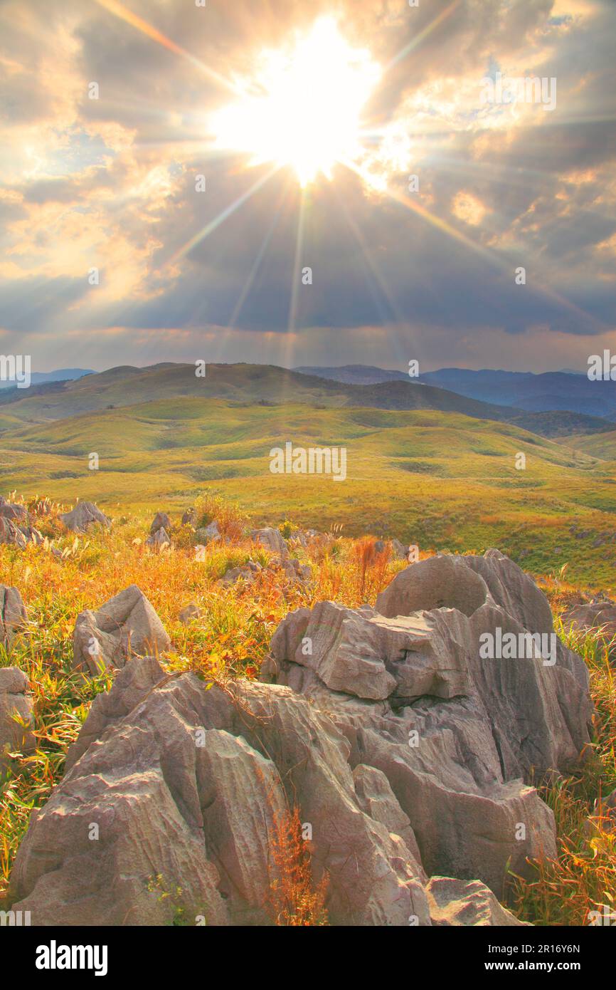 View of mount Ryugomine and doline and limestone of karst plateau as ...