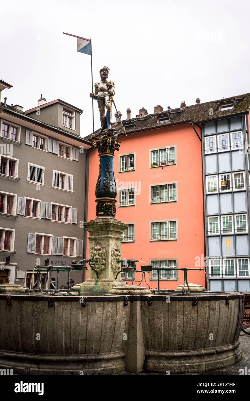 Square with a fountain and Guild houses, Old Town, Zurich, Switzerland ...