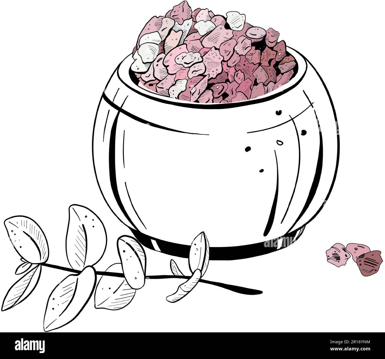 Vector illustration of set with pink sea cosmetic salt on glass bowl ...