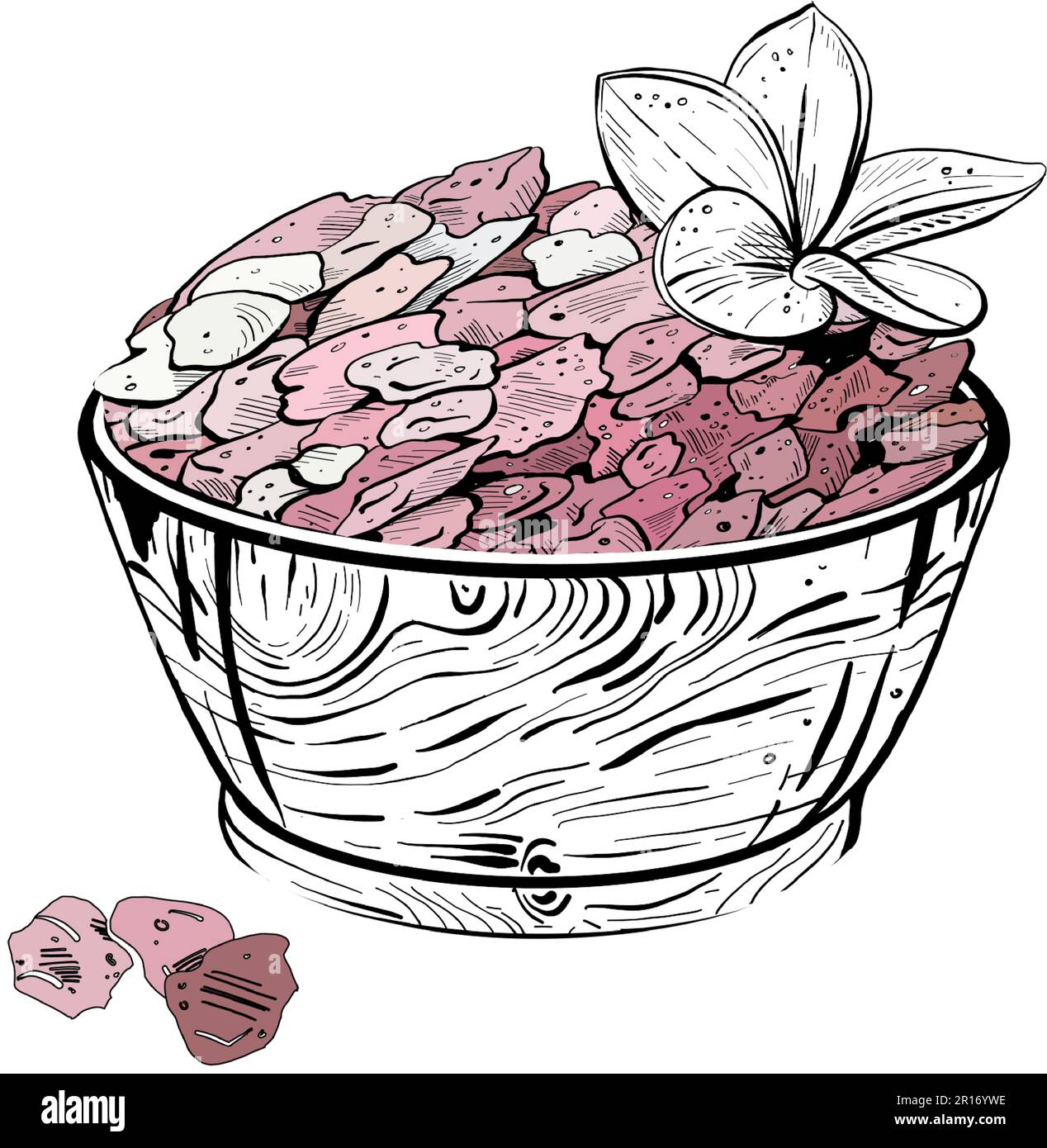 Vector illustration of set with pink sea cosmetic salt on bowl and ...