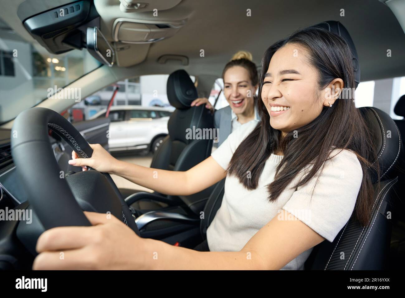 Two happy women sitting inside a car Stock Photo - Alamy